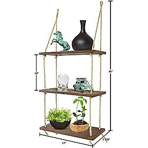 Greenco Decorative Rustic Jute Rope Wall Hanging Floating Shelves, Distressed Wood, 3 Tier .