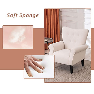YOLENY Modern Accent Chair,High Back Armchair,Upholstered Fabric Button Single Sofa with Wooden Legs for Living Room,Bedroom,Club,Beige