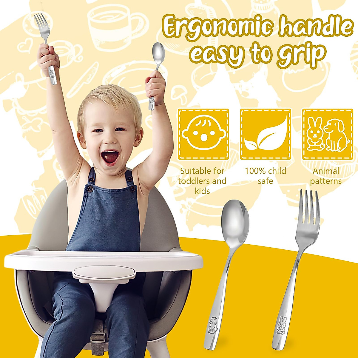 HANSGO 12PCS Children Safe Forks and Spoons, Silverware for Kids Cutlery Set Toddler Utensils Stainless Steel Tableware with Bunny and Puppy Motifs