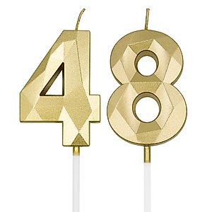 48th & 84th Birthday Candles for Cake, Gold Number 48 84 3D Diamond Shaped Candle Birthday Decorations Party Supplies for Women or Men
