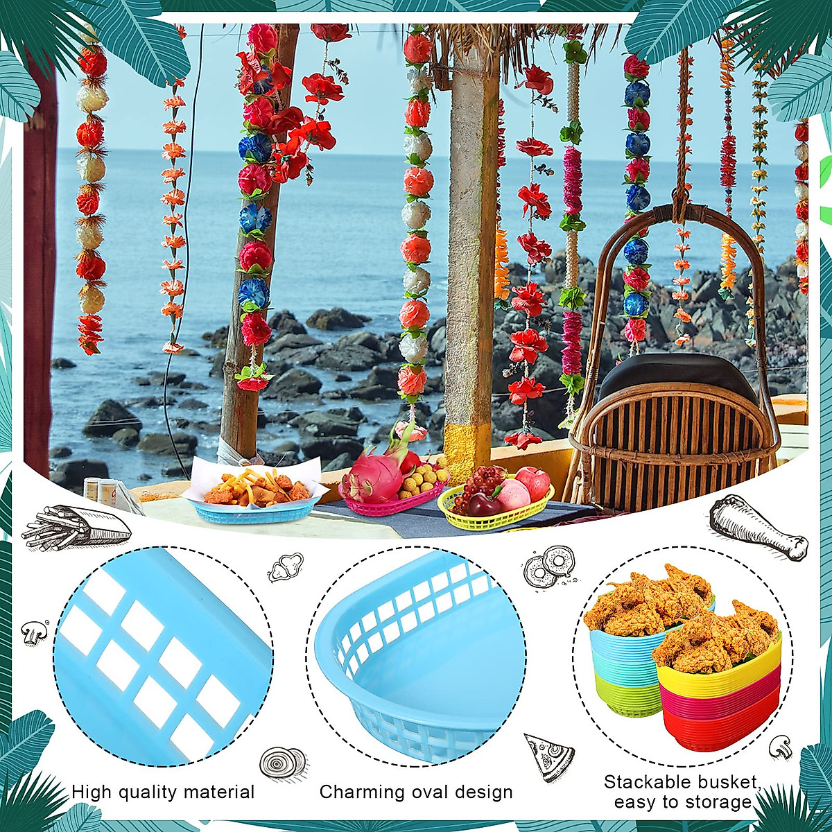 60 Pieces Fast Food Basket Oval Colorful Plastic Storage Basket Bins Reusable Chip Basket Fry Hot Dog Burger Tray for Restaurant Picnic Party Sandwiches, Bread, Deli Serving, 10.5 x 7 Inch