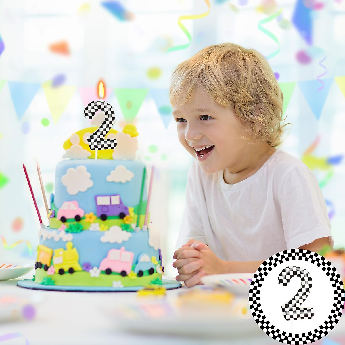 Number 2 Racing Cars Birthday Candle, Race Car Cake Topper, Truck Themed Birthday Party Decorations, Black White Checkered Candles