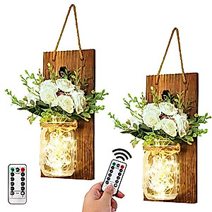 AerWo 2Pcs Mason Jar Sconces Wall Decor, Handmade Rustic Wall Sconces with LED Fairy Lights and Flowers, Hanging Mason Jar for Farmhouse Kitchen Decorations Wall Decor Living Room Lights