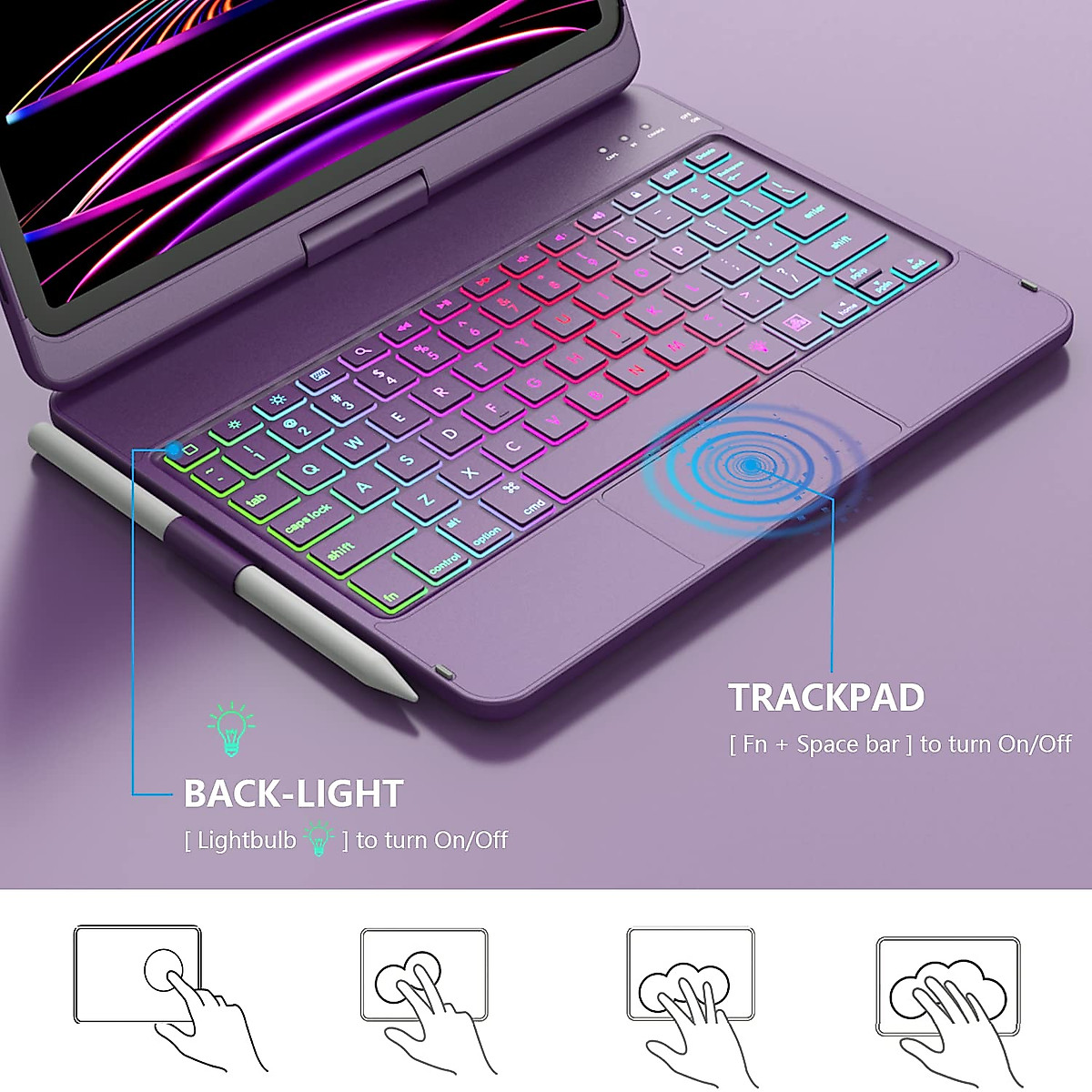 iPad Pro 11 inch Case with Keyboard, iPad Air 5/Air 4 10.9 inch Keyboard Case with Trackpad, Keyboard Case for iPad Air 5/Air 4 and iPad Pro 1-4 Gen, Backlit 10 Color & 360 Screen Rotation -Purple