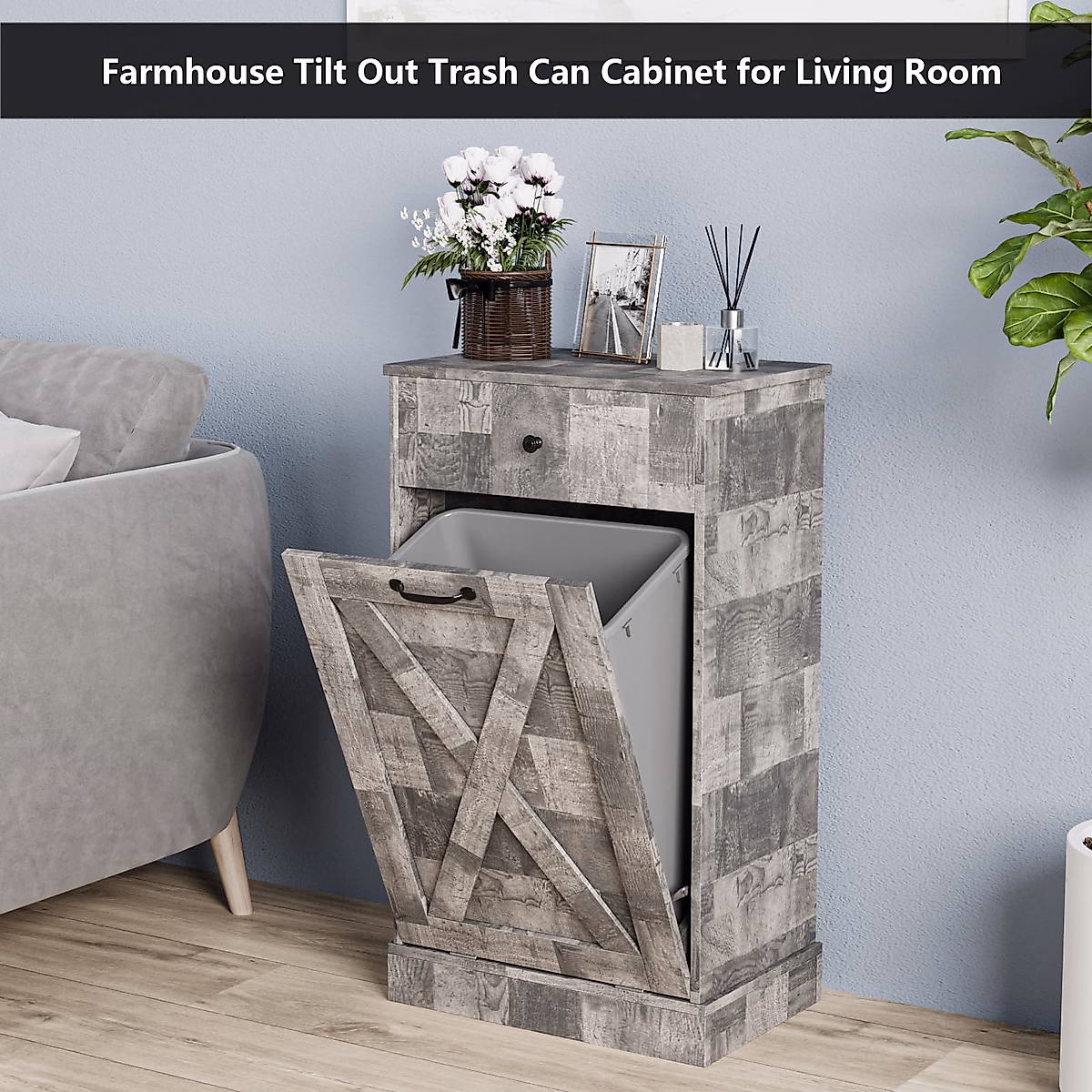 mikibama Farmhouse Tilt Out Trash Cabinet,10 Gallon Freestanding Trash Bin Cabinets with Drawer,Wooden Recycling Laundry Hamper Sorter Cabinet for Kitchen,Living Room,Washroom (Farmhouse)