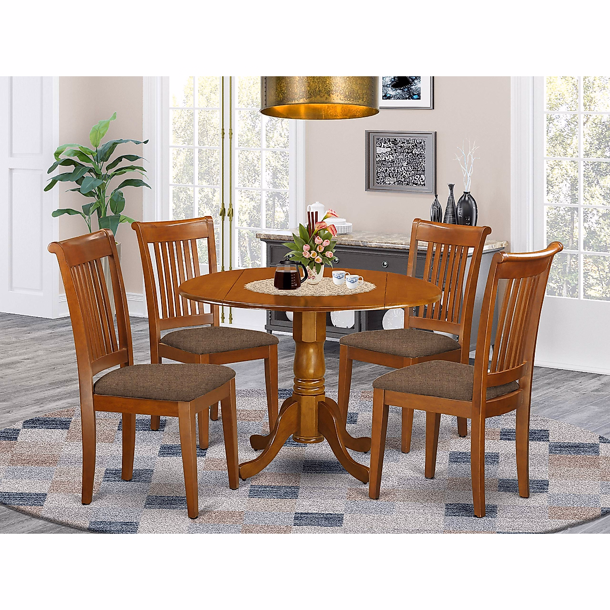 East West Furniture Dublin 5 Piece Dinette Set for 4 Includes a Round Room Table with Dropleaf and 4 Linen Fabric Upholstered Dining Chairs, 42x42 Inch, Saddle Brown