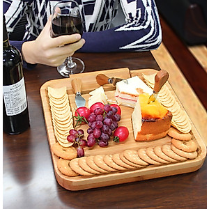 Esup Bamboo Cheese Board Set Cheese Plate 13'' x 13'' With Integrated Slide-Out Drawer and 4 Specialist Cheese Knives Set