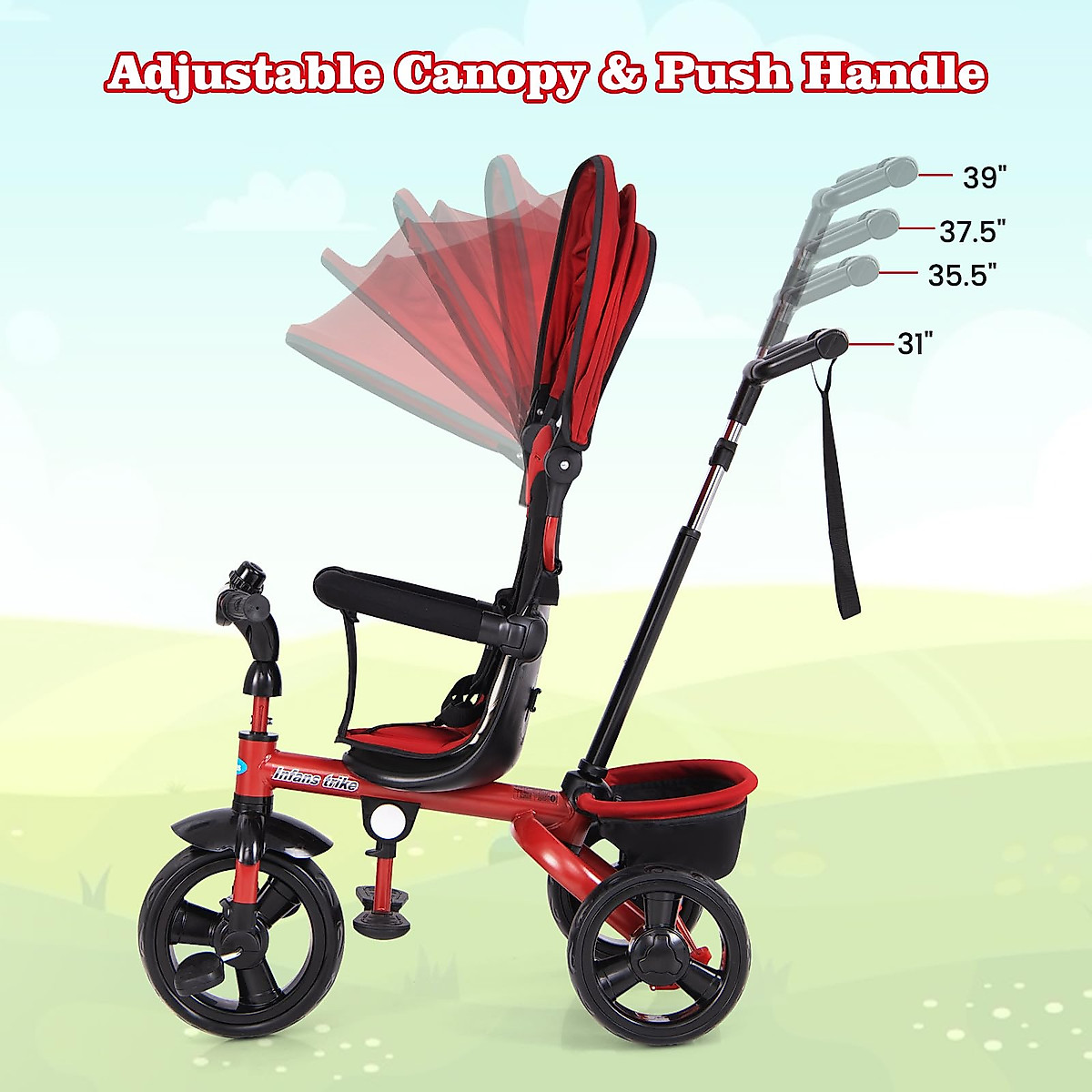 INFANS Kids Tricycle, 6 in 1 Stroll Trike with Adjustable Push Handle, Removable Canopy, Retractable Foot Plate, Lockable Pedal, Detachable Guardrail, Suitable for 10 Months to 5 Years (Red)