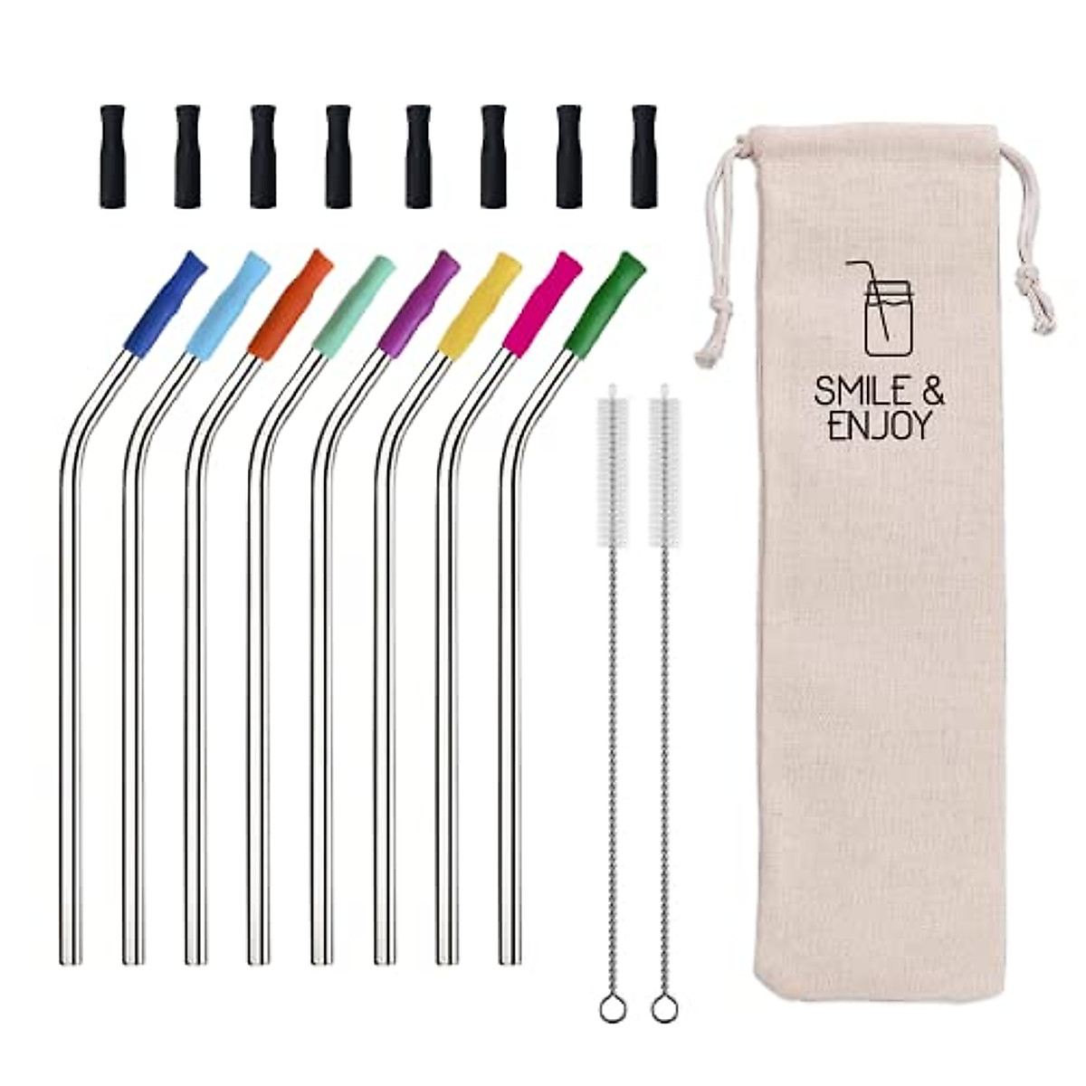 8-Pack Reusable Stainless Steel Straws with Colored & Black Silicone Tips, Straw Cleaner Brush and Polyester Bag, Reusable Straws for Tumblers & Mason Jars