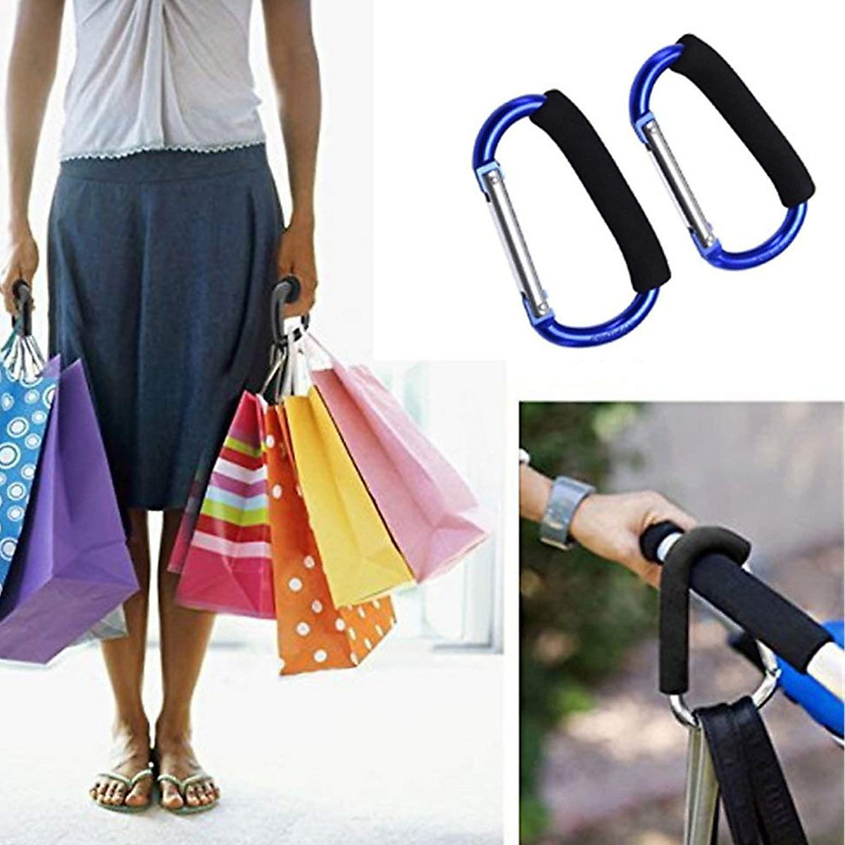 2 Packs Large Stroller Hooks, Aluminum Grocery Bag Handle Organizer Hook or Diaper Bags Holder- Black