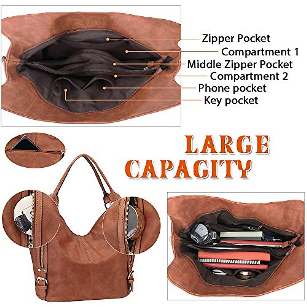 JOYSON Women Handbags Hobo Shoulder Bags Tote PU Leather Handbags Fashion Large Capacity Bags Brown 1