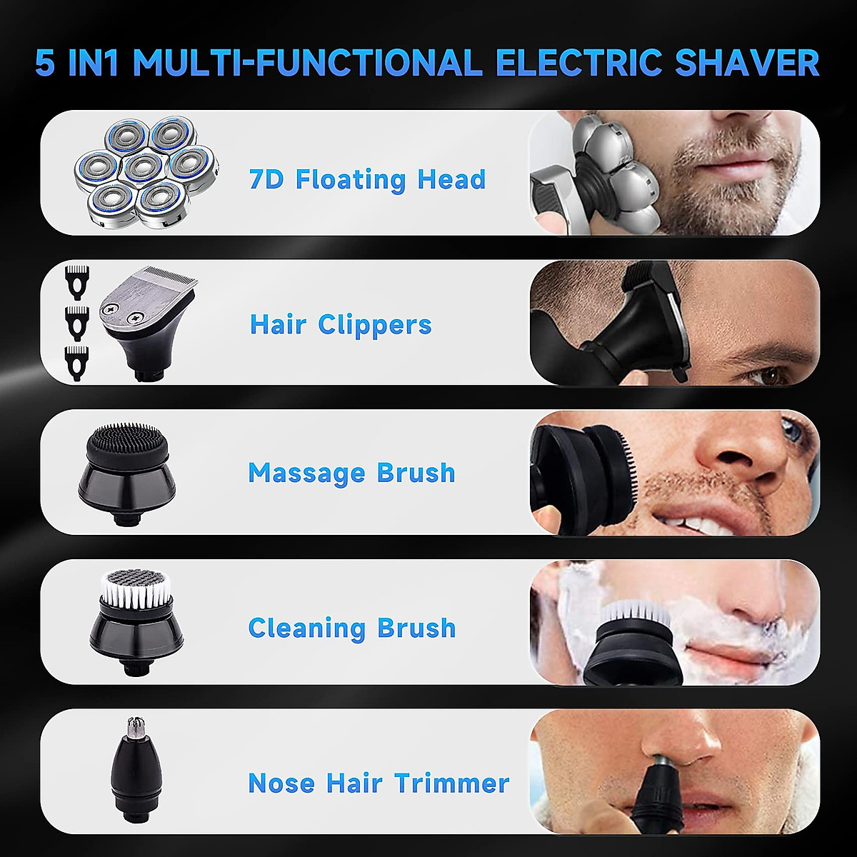 5 in 1 Head Shaver, Upgrade Electric Razor for Men, Cordless Rotary Shavers for Men, Rechargeable 7D Floating Beard Trimmer, LED Display, Wet & Dry USB Waterproof, with Men's Grooming Kit…