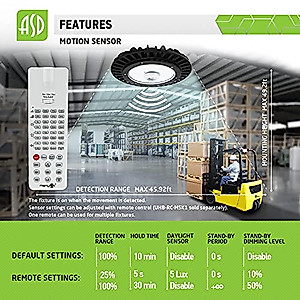 ASD UFO High Bay LED Shop Light Fixture with Motion Sensor, 150 watt 22912lm 5000K, 1-10V Dimmable, 120V 277V Work Light, Commercial Bay Lighting, Waterproof, Safety Cable Included UL/DLC Premium