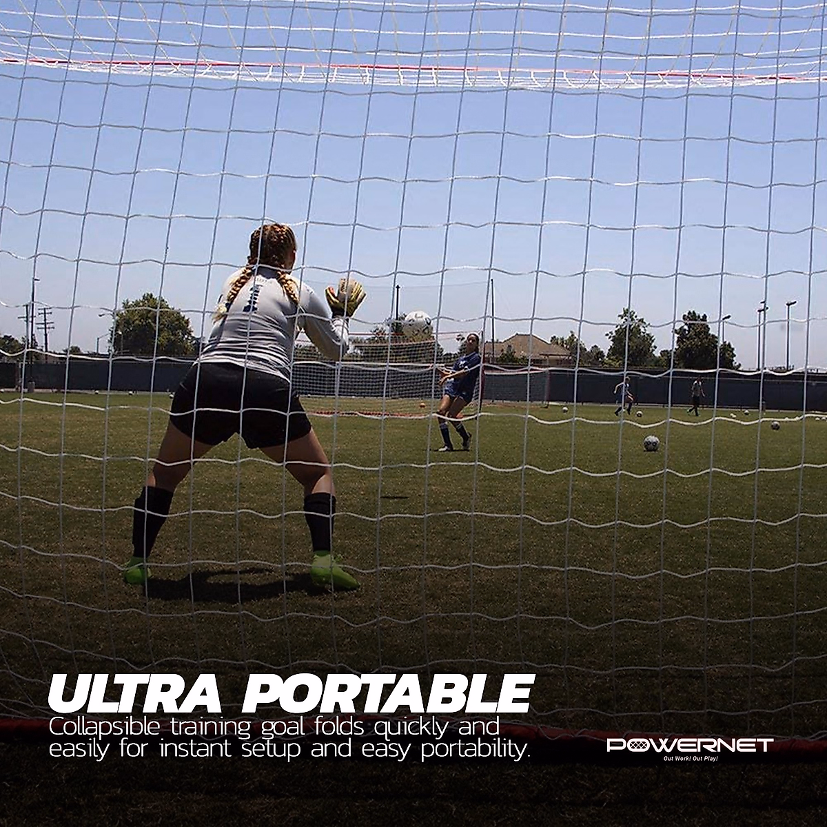 PowerNet Carli Lloyd Soccer Goal | Portable Net Collapsible Metal Base | Quick Setup Ultra Portable | Full Size Framed Soccer Goal | 1 Goal + 1 Carry Bag (12X6 FT)