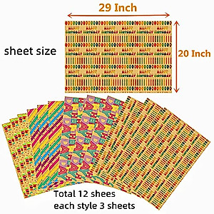 THMORT Birthday Wrapping Paper for Kids, Boys&Girls, Adults. Kraft Brown Recycled Gift Wrapping Paper ,Rainbow stripe Happy Birthday 4 Colorful Designs for Baby Shower, Holiday, Party Pack of 12 Sheets 29 X 20 Inch.