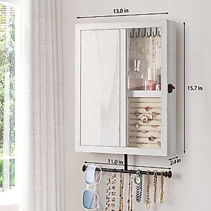 Keebofly Wall Mounted Jewelry Organizer With Rustic Wood Large Space Jewelry Cabinet, Holder, Storage Box for Necklaces, Earrings, Bracelets, Ring Holder, and Accessories White