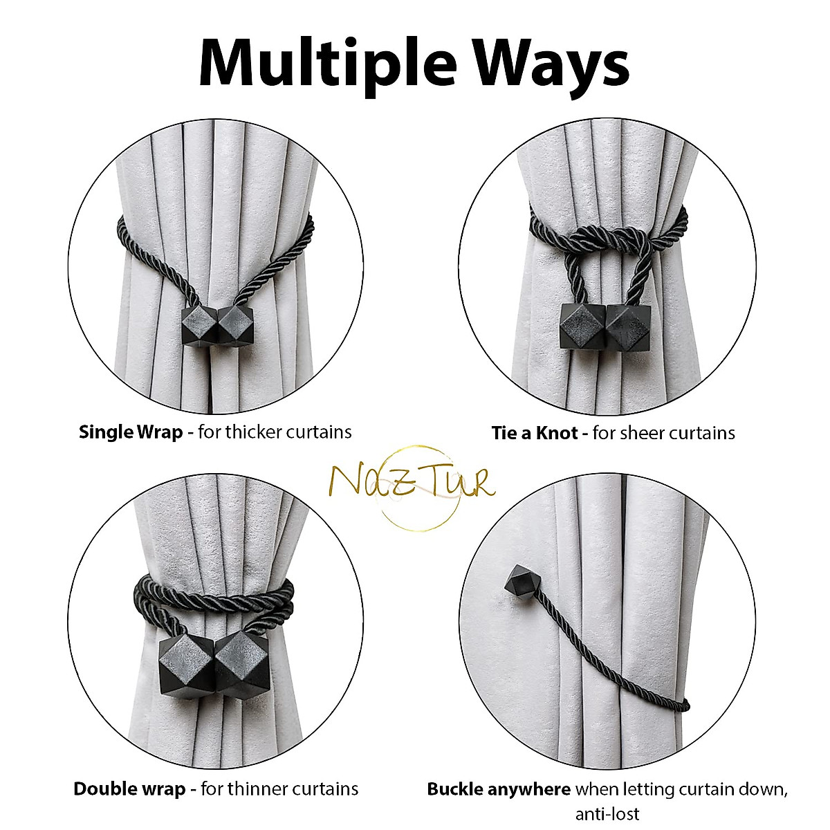 NazTur Magnetic Curtain Tiebacks- Upgrade 2022 with a Thicker Twist Rope & Strong Magnet Tieback Window Treatment Holdbacks Draperies Holders Decorative Drape Handmade Tie Back (Black, 4)