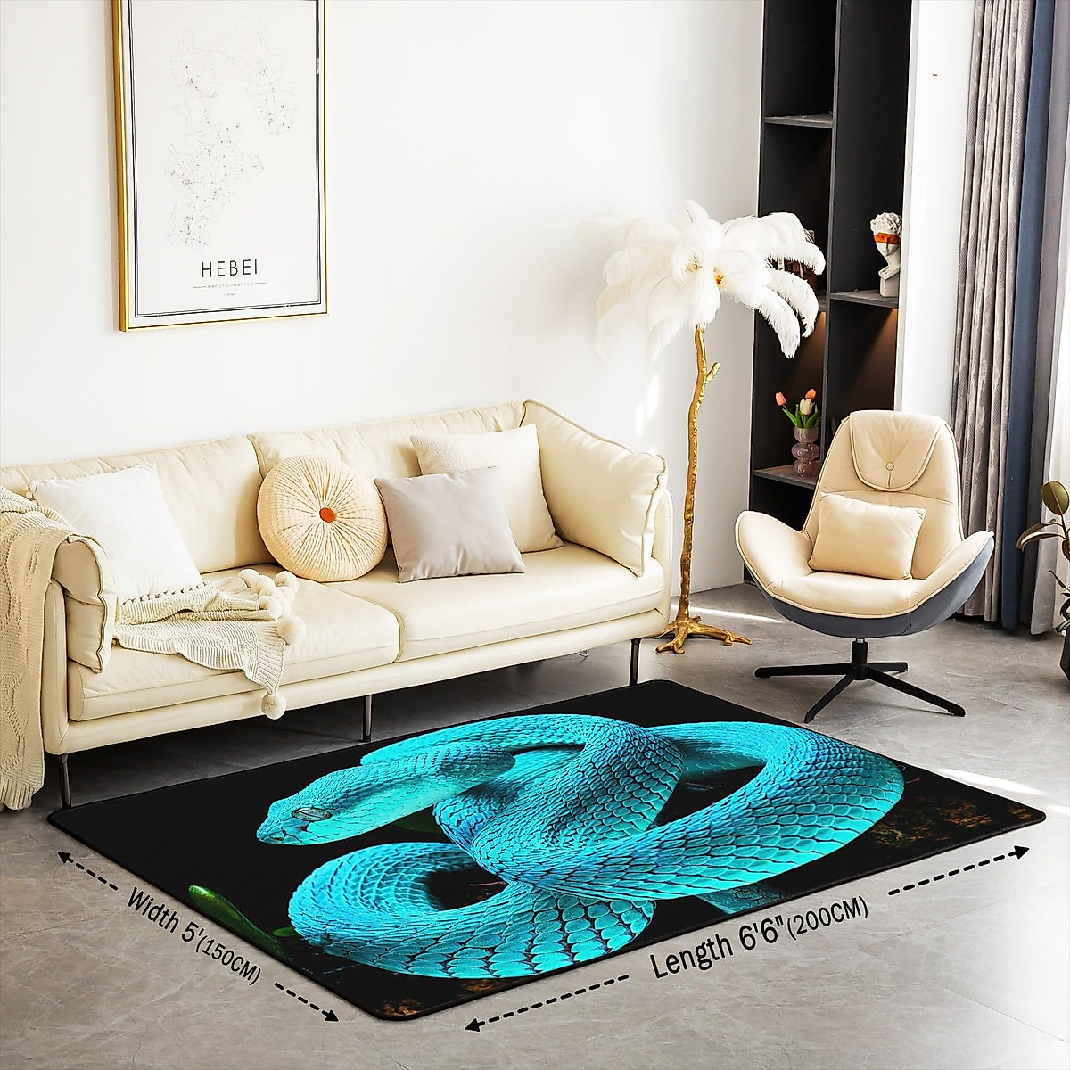 Snake Area Rug 5x7, Scary Animal Rug for Adults Men, Halloween Black Teal Animal Non Shedding Carpet, Horror Farmhouse Wildlife Living Room Rugs