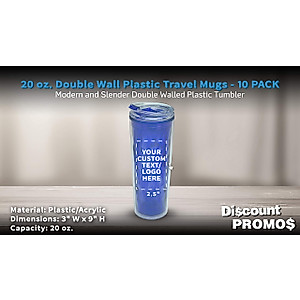 Personalized 20 oz. Double Wall Plastic Travel Mugs - 10 Pack - Custom Text, Logo - Blue