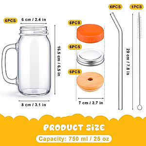 6 Pack 25oz Glass Cups with Lids and Straws Drinking Glasses with Straws Brush and Bamboo Lids Plastic Lids Metal Lids Glass Jar Mugs Glass Tumbler Cups for Cold Coffee Juice and Food Storage