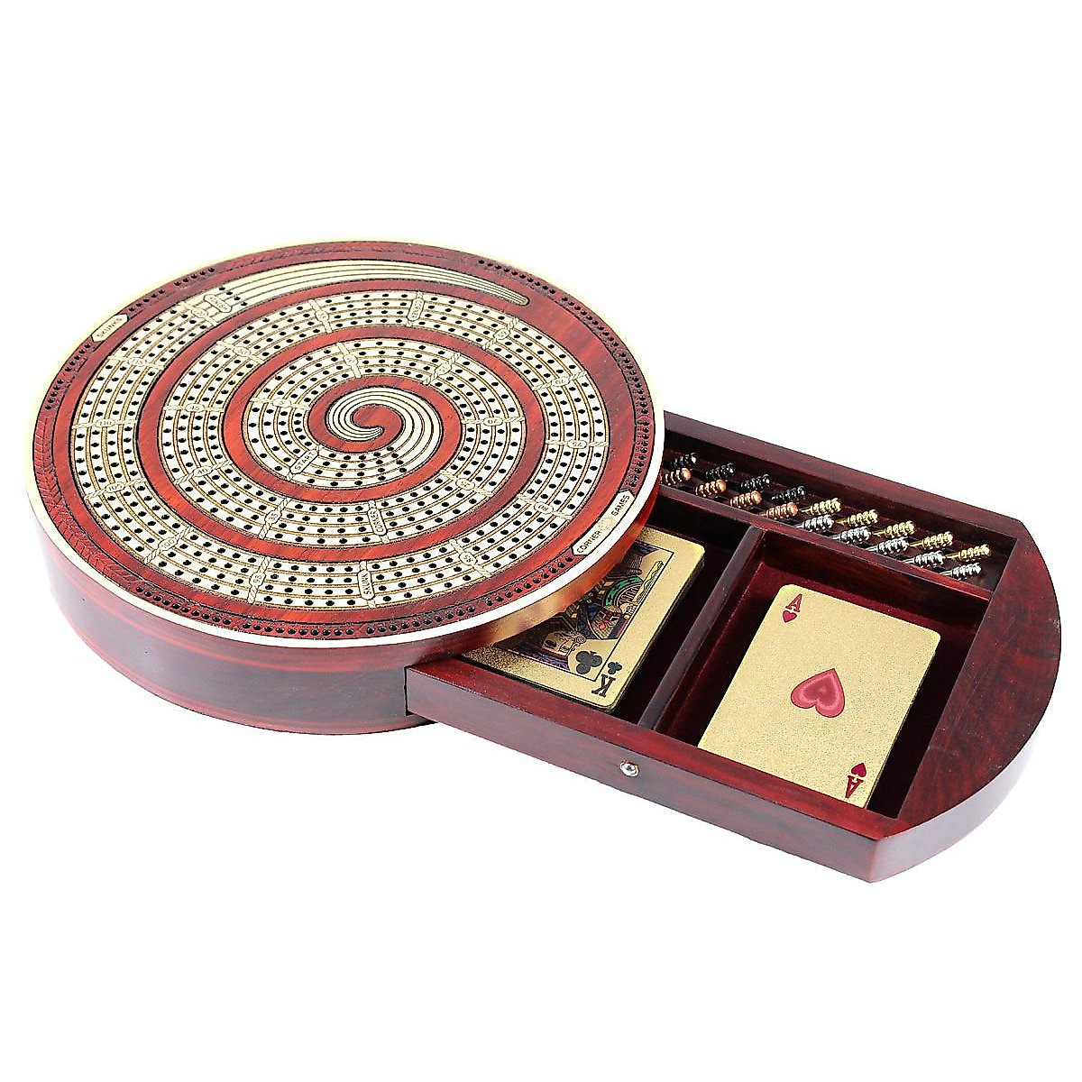 House of Cribbage - Cribbage Board Spiral Design Round Shape 4 Tracks Bloodwood/Maple with Place for Skunks, Corners & Won Games