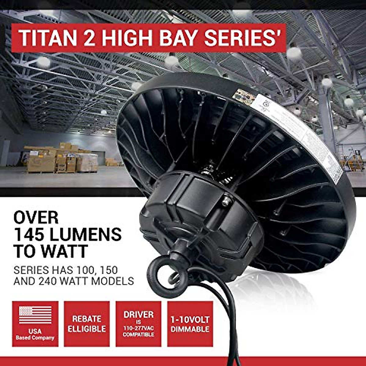 RuggedGrade 40,000 Lumen LED High Bay Light - Titan III 300 Watt LED High Bay Lighting UFO LED Light - Ultra Efficient 150 Lumens to watt - 5000K – Dimmable - DLC Premium