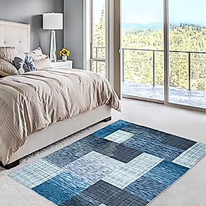 RUGSREAL Washable Area Rug for Living Room Contemporary Tile Trellis Floorcover Indoor Carpet Geometric Boho Trellis Distressed Accent Area Rugs for Bedroom, Home Office, Blue, 5 x 7 Feet