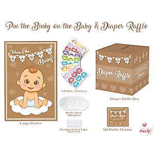 Party Hearty 2 Baby Shower Games, Pin The Pacifier on The Baby Game and 50 Pcs Diaper Raffle Tickets with Box, Bring a Pack of Diapers to Win, Pin The Binky on The Baby