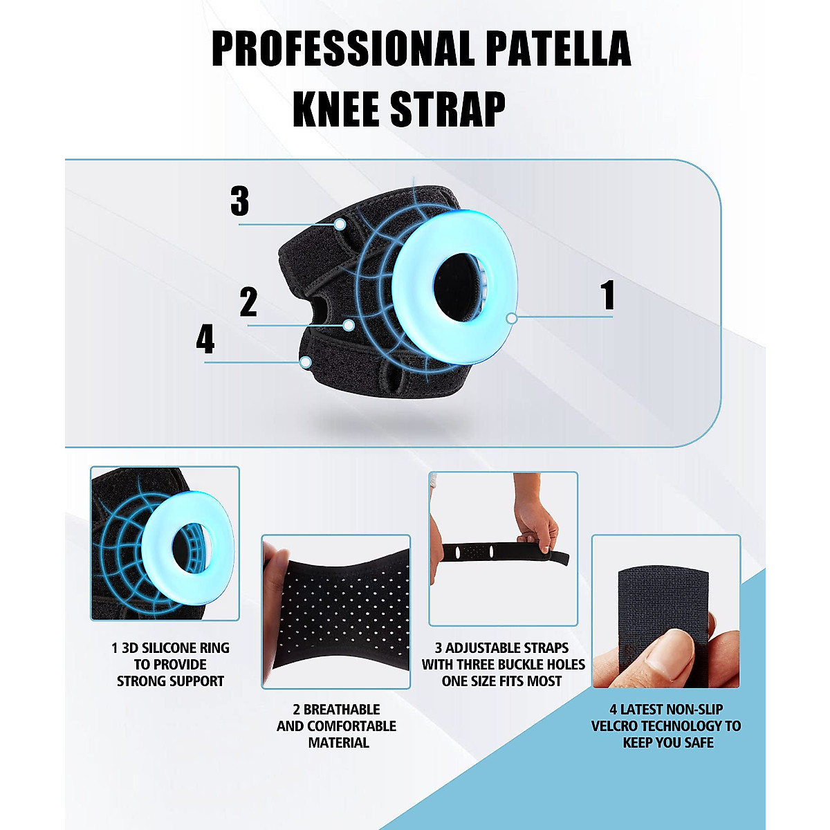 ANACON Dual Patella Knee Straps, Knee Brace Patella Stabilizer for Knee Pain Relief, Running, Tennis, Jumping, Arthritis, Tendonitis, Injury Recovery, Joint and Muscles Protection, Adjustable (Black)