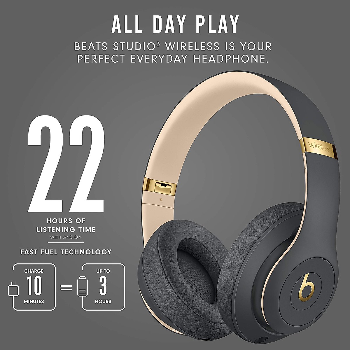 Beats Studio3 Wireless Noise Cancelling Over-Ear Headphones - Apple W1 Headphone Chip, Class 1 Bluetooth, 22 Hours of Listening Time, Built-in Microphone - Shadow Gray