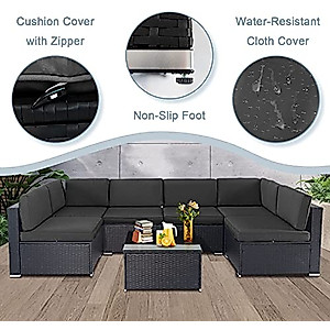 Incbruce 7 Piece Outdoor Patio Furniture Set All-Weather Sectional Sofa Outside Couch, Manual Weaving PE Wicker Rattan Conversation Set with Glass Top Table and Removable Cushions (Gray)