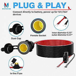 MICTUNING 12ft Car Female Cigarette Lighter Plug Extension Cable 12AWG 12V 24V with Threaded Socket to 0.33" Ring Eyelet Terminals, Battery Cord with Inline Blade Fuse 25A 20A