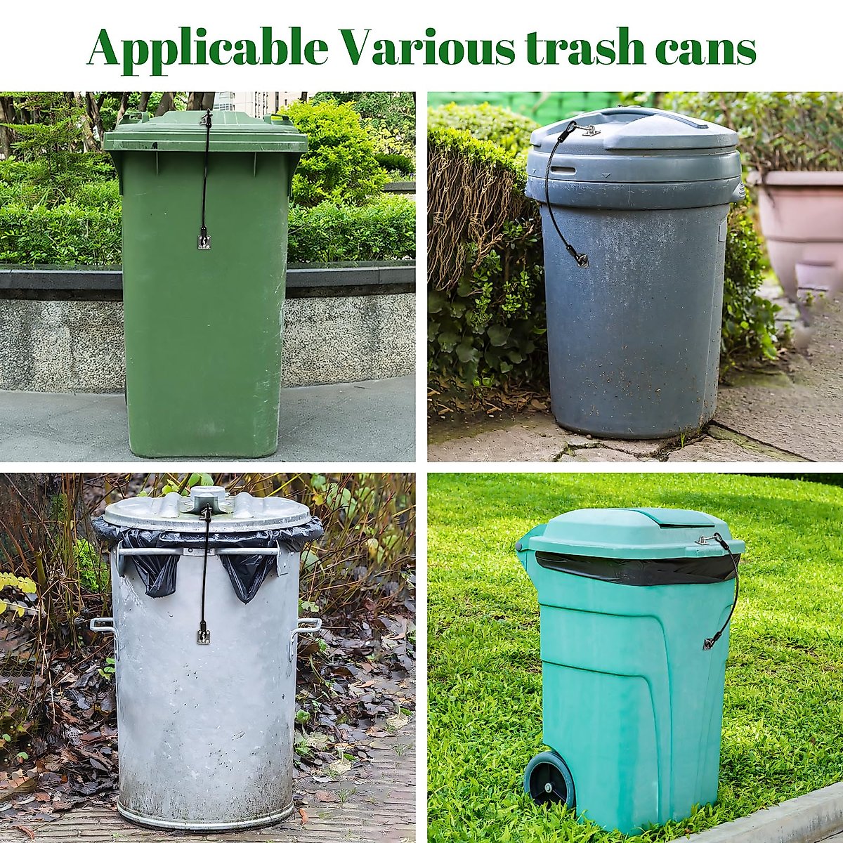 KKzozs Trash can lid Lock,Garbage can Locks for Animals 1-Pack Universal Semi-Automatic Trash can Lock Strong Wire Rope Protects Against Small Creatures Including Raccoons, Squirrels, and high Winds
