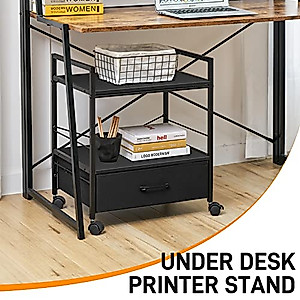 LEZIOA Mobile Printer Stand with Storage Drawer, Vintage Fabric File Cabinet Printer Cart for Home Office (Black)