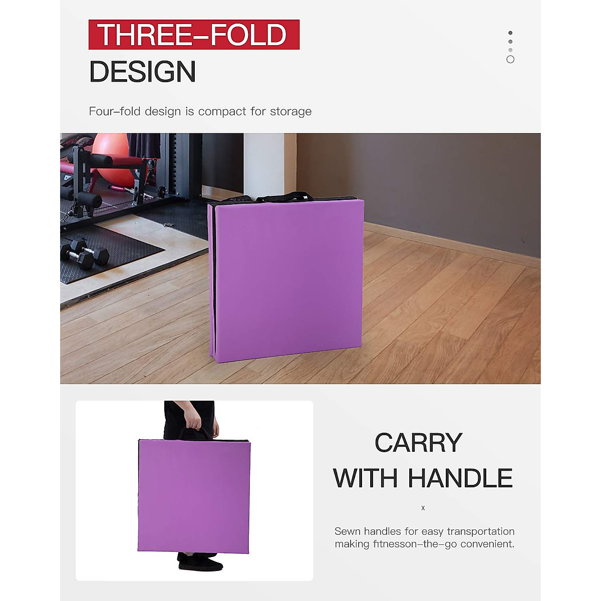 Gymnastics Mat for Kids Adults, Folding Extra Thick Tumbling Mats for Home Gym, 6’x2’ Anti-Tear Lightweight Exercise Mat with Carrying Handles, Crash Panel Mat, Purple