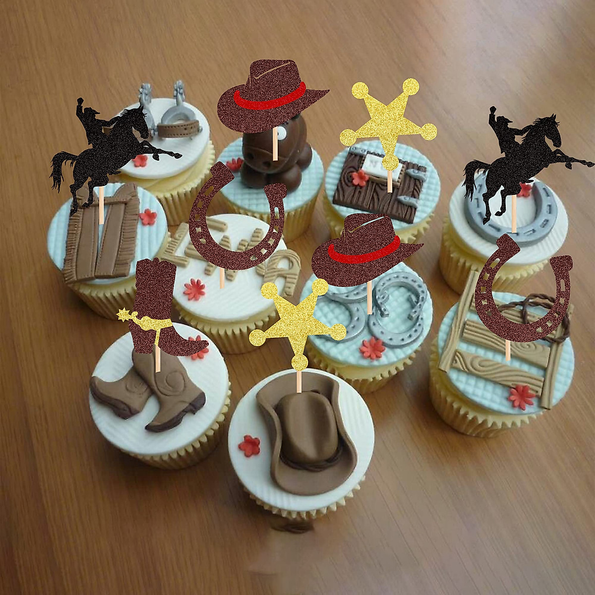 30 PCS Cowboy Cupcake Toppers Glitter HorseShoe Cowboy Hats Boots Cupcake Picks Western Theme Baby Shower Birthday Party Cake Decorations Supplies