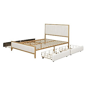 SIYSNKSI Full Size Metal Frame Upholstered Bed with 4 Drawers, Linen Fabric Platform Bed with Metal Slats Support and Headboard, Storage Platform Bed for Kids Teens Bedroom (Beige + Linen-C14)