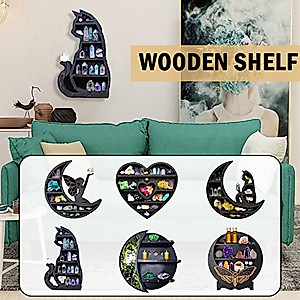 Cat On The Moon Crystal Wood Shelf, Wooden Crystal Display Shelf, Moon Cat Wooden Floating Shelf Gothic Witchy Room Decoration, Multi Color