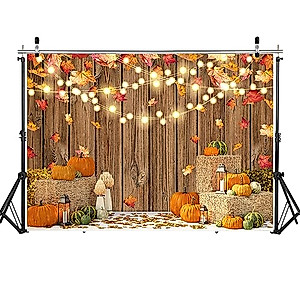 LYCGS 7X5ft Fall Backdrop Fall Thanksgiving Photography Backdrop Autum Rural Wooden Pumpkin Maple Leaf Haystack Backdrop Thanksgiving Photo Background Thanksgiving Party Decoration Banner X-157