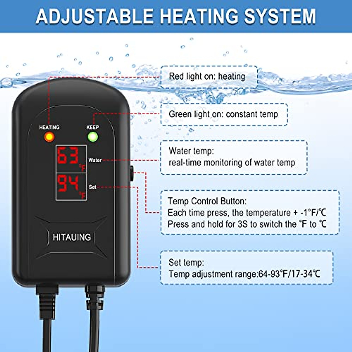 HiTauing Aquarium Heater, 300W Fish Tank Heater with LED Digital Display & 5 Safety Protection, Submersible Aquarium Heater with 2 Suction Cup and 8.2Ft Cord for 40-75 Gallon Fish Tank.