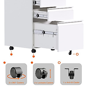 Aobabo Metal 3 Drawer Mobile File Cabinet with Lock, Under Desk Metal Filing Cabinet, 23.6''H A4/Legal/Letter Size Storage Cabinet, Fully Assembled