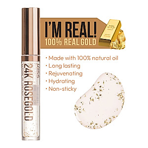 Kiss New York 3 PACK Lip Oil Gloss, Hydrating Non-Sticky Lip Oil, 100% Natural Oil Clear Lip Gloss, Lightweight Lip Moisturizer (Rosegold & Rosehip & Mango Butter)