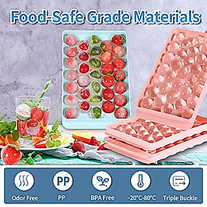 Round Ice Cube Tray, Ice Ball Maker Mold for Freezer with Lid & Bin, Easy Release Mini Sphere Ice Cube Mold Making 1.1IN X 66PCS Circle Small Ice Cube for Cocktail, Whisky(2 Pink Tray, 1 Scoop & Tong)