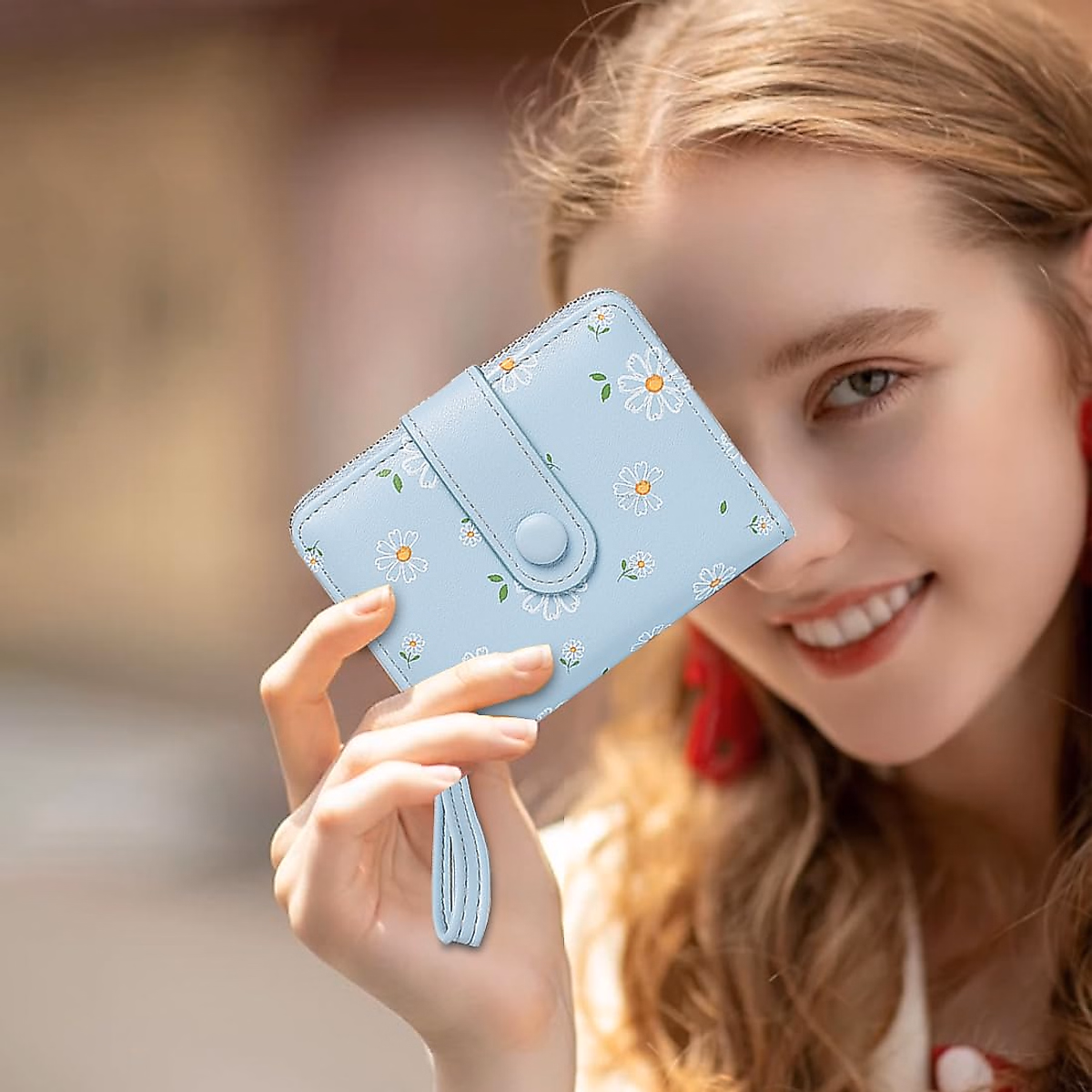 Sunwel Fashion Cute Daisy Flowers Print Wallets with Exterior Zipper Around Coin Purse Bifold Bill Wallet with Credit Card Holder Id Window (BLUE)