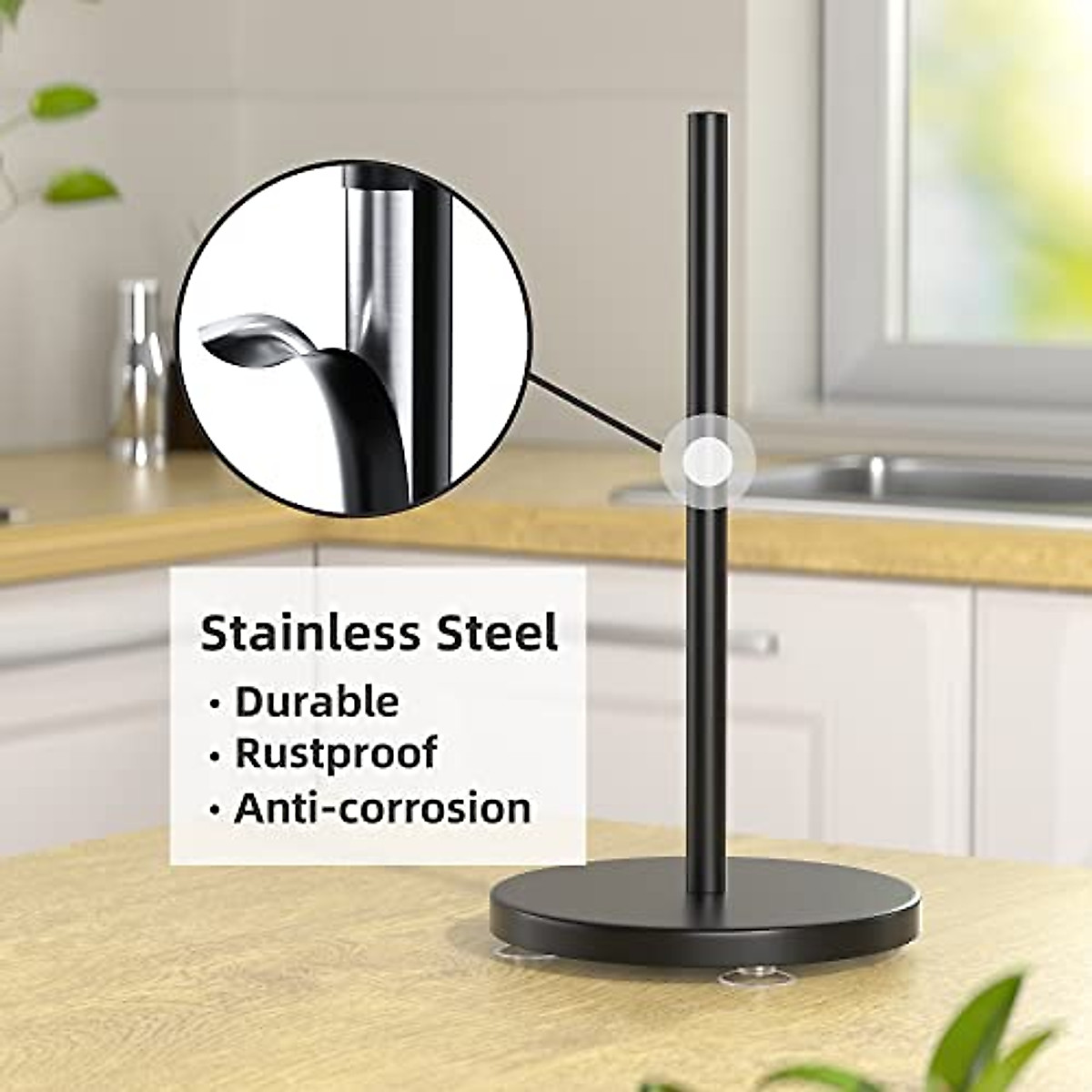 Paper Towel Holder Countertop with Suction Cups Base for One-Handed Operation, Free-Standing Paper Towel Roll Dispenser, Paper Towel Stand Suitable for Kitchen, Bathroom, Pantry, RV