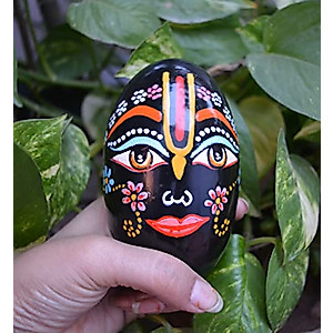 Laddu Gopal Shaligram Stone with Beautiful Design Painted on it Black~I-5574