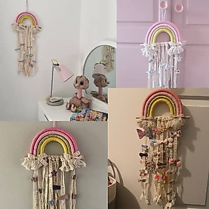 Boho Macrame Bow Holder & 20 Colors Linen Pigtail Bows | Wall Hanging Hair Clip Headband Rainbow Hanger Organizer Piggy Pig Tails Barrettes (Rainbow A)