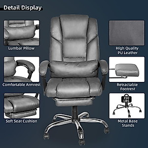 Toszn High Back Executive Office Chair, Reclining Office Chair with Footrest, PU Home Office Desk Chair Adjustable Height, Computer Desk Chair with Lumbar Cushion, Grey