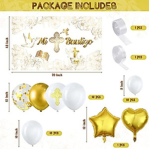 66 Pcs Baptism Party Decorations Mi Bautizo Backdrop Balloons Arch Garland Baptism Backdrop Gold Balloons for Boys Girls First Holy Communion Christening Celebration Accessories Photo Background