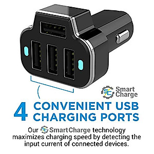 Aduro 4 Port Car Charger USB Adapter, 12V Fast Car Charger USB Adapter Power Station 5.2A/26W Output (Black)
